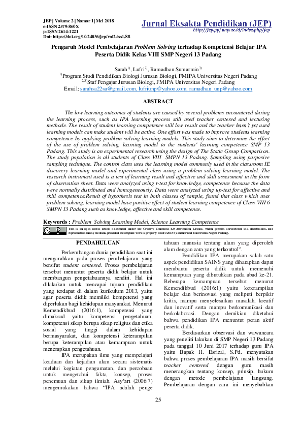 (PDF) Pengaruh Model Pembelajaran Problem Solving Terhadap Hasil Belajar dan Kemampuan Berpikir ...