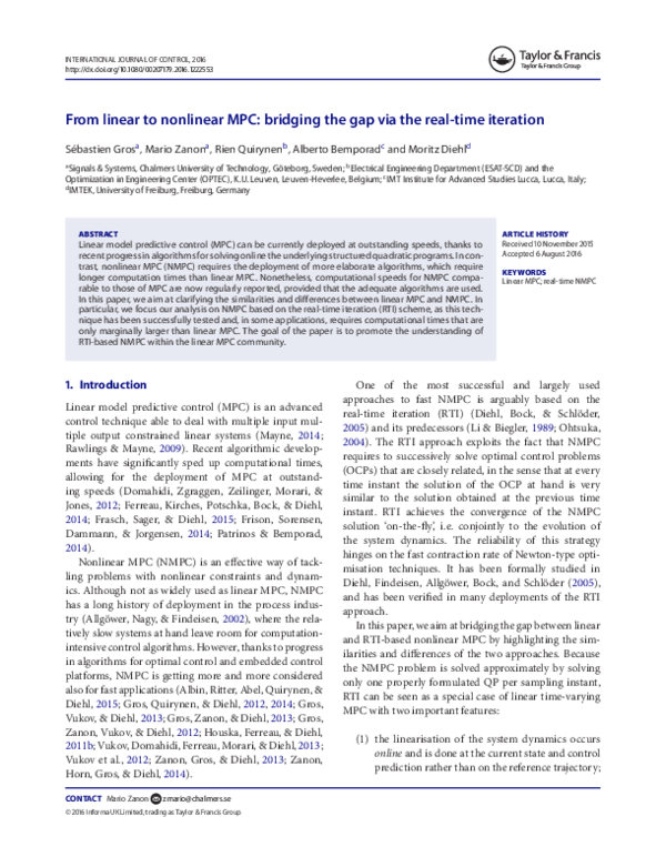 (PDF) From linear to nonlinear MPC: bridging the gap via the real-time iteration