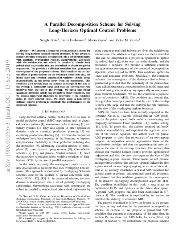 (PDF) Parallel Decomposition for Optimal Control Problems
