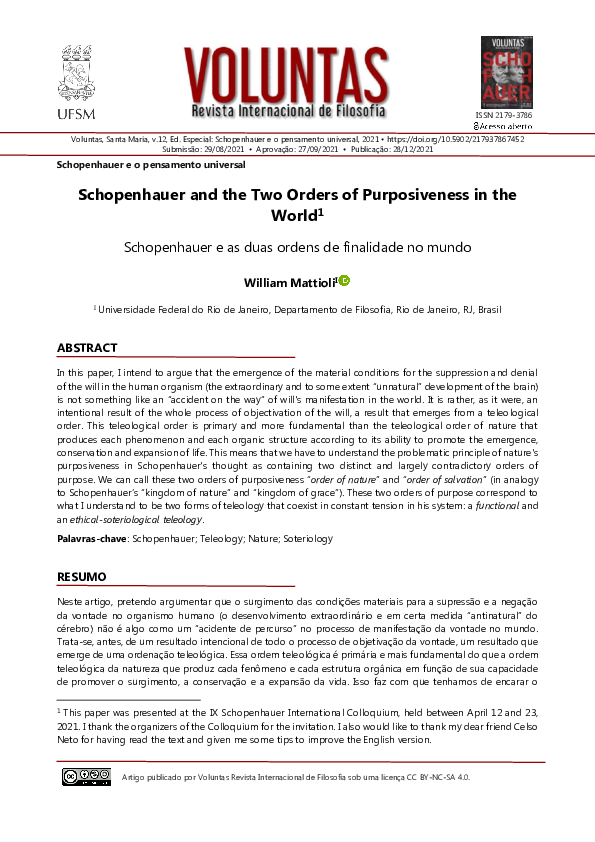 (PDF) Schopenhauer and the Two Orders of Purposiveness in the World