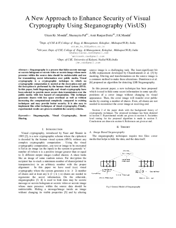 (PDF) A New Approach to Enhance Security of Visual Cryptography Using Steganography (VisUS)