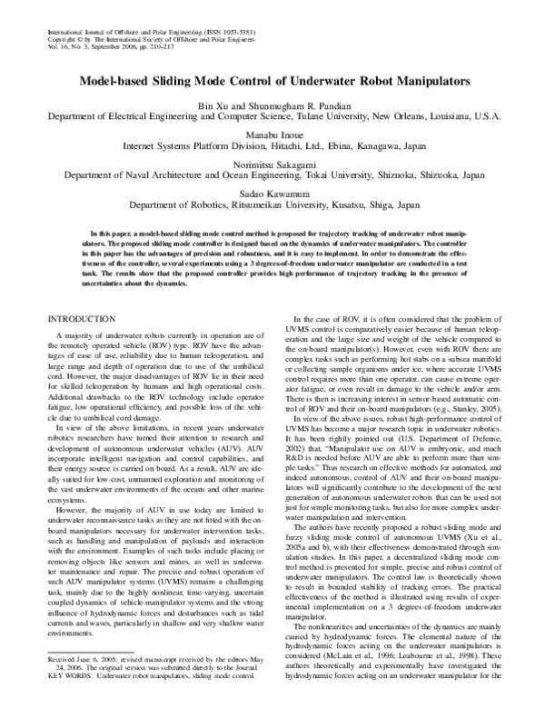 Pdf Model Based Sliding Mode Control Of Underwater Robot Manipulators