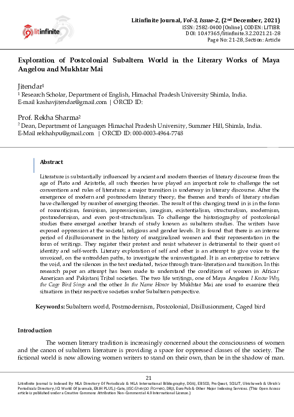 (PDF) Exploration of Postcolonial Subaltern World in the Literary Works ...