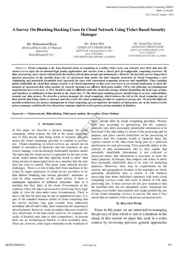 (PDF) A Survey On Blocking Hacking Users In Cloud Network Using Ticket ...