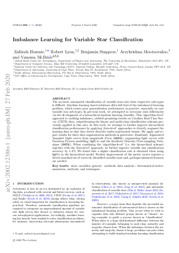 (PDF) Imbalance Learning for Variable Star Classification