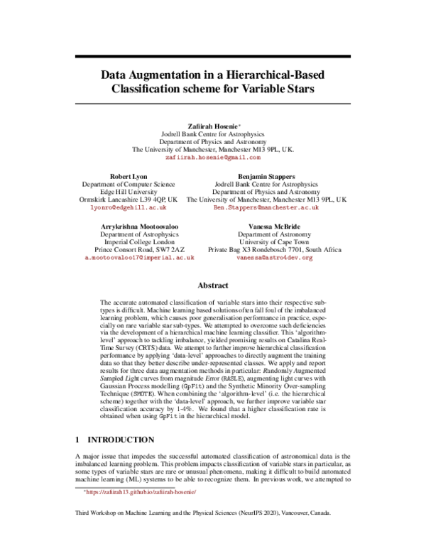 Pdf Data Augmentation In A Hierarchical Based Classification Scheme For Variable Stars