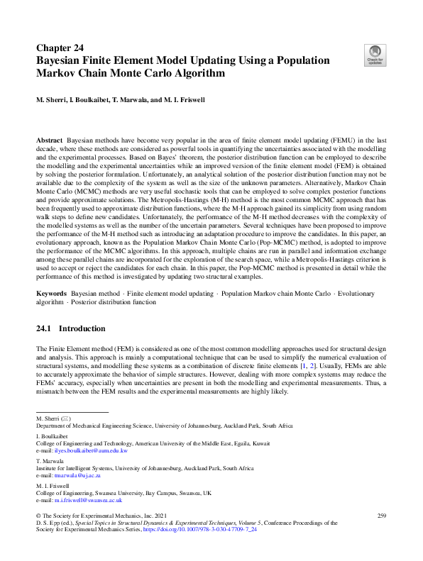 Pdf Bayesian Finite Element Model Updating Using A Population Markov Chain Monte Carlo Algorithm