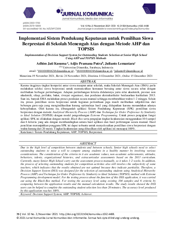 (PDF) Implementasi Sistem Pendukung Keputusan untuk Pemilihan Siswa Berprestasi di Sekolah ...