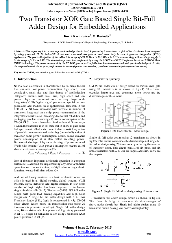 Pdf Two Transistor Xor Gate Based Single Bit Full Adder Design For Embedded Applications
