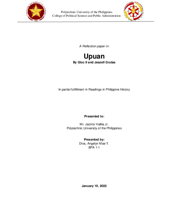 (PDF) Upuan by Gloc 9 | Reflection Paper