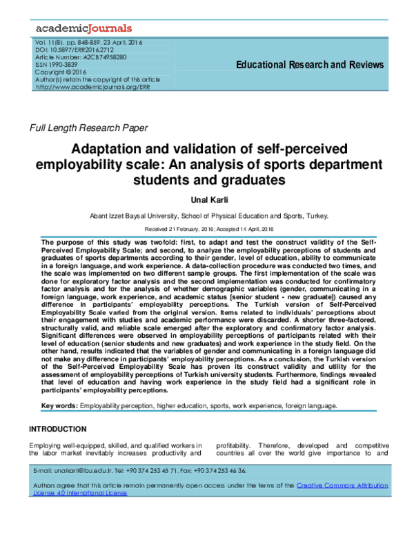 (PDF) Adaptation and Validation of Self-Perceived Employability Scale: An Analysis of Sports ...