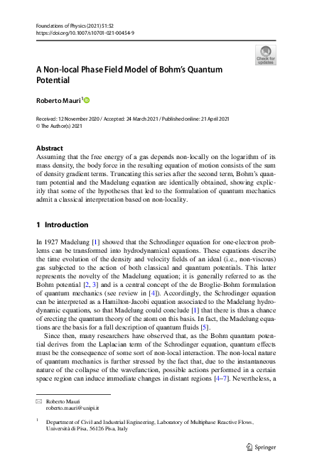 (PDF) A Non-local Phase Field Model of Bohm’s Quantum Potential