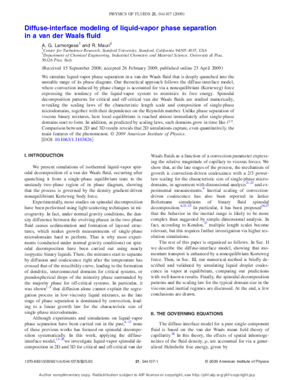 (PDF) Diffuse-interface modeling of liquid-vapor phase separation in a van der Waals fluid