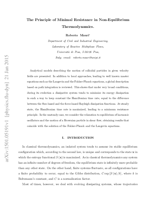 (PDF) The Principle of Minimal Resistance in Non-equilibrium Thermodynamics