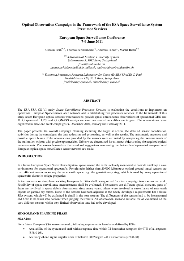 (PDF) Optical Observation Campaign in the Framework of the ESA Space ...