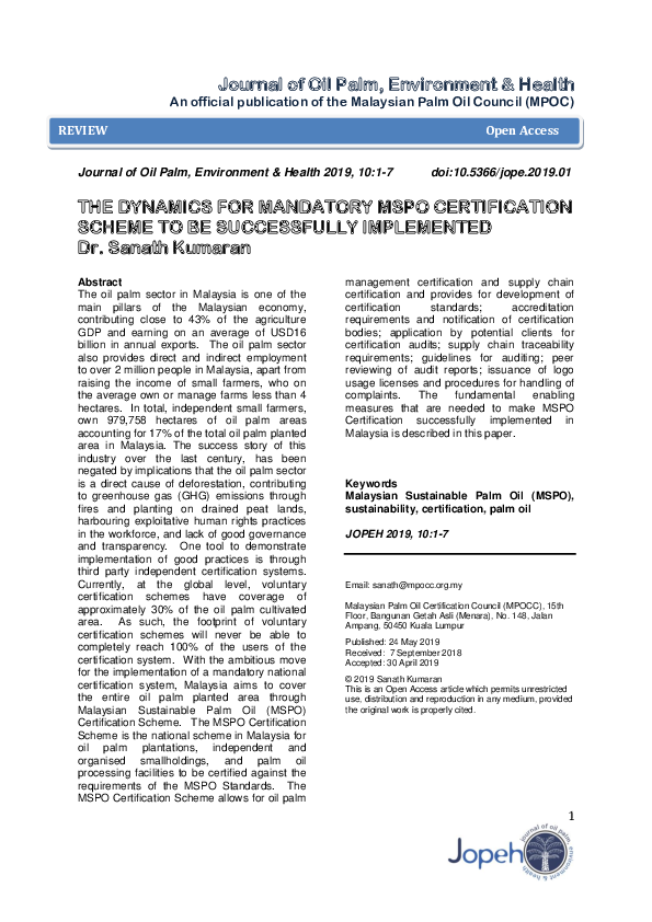 (PDF) The Dynamics for Mandatory Mspo Certification Scheme to Be ...