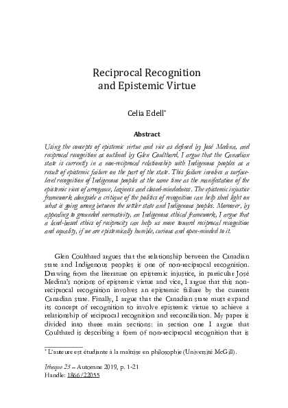 (PDF) Reciprocal Recognition and Epistemic Virtue