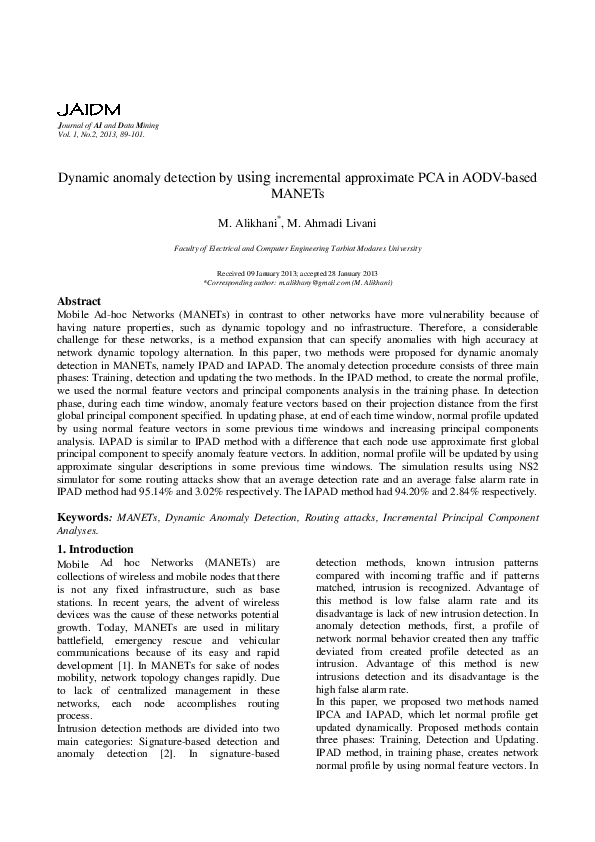 (PDF) Dynamic Anomaly Detection by Using Incremental Approximate PCA in AODV-based MANETs ...