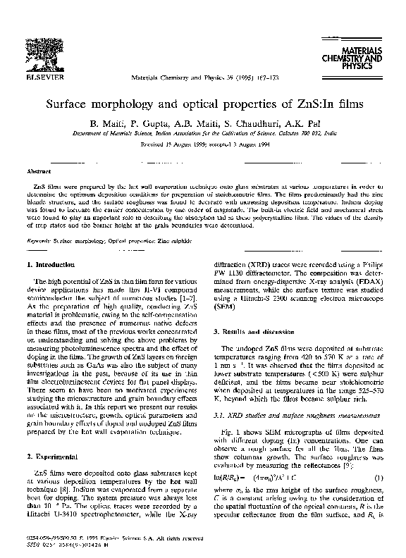 (PDF) Surface morphology and optical properties of ZnS: In films