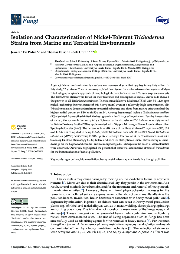 (PDF) Isolation and Characterization of Nickel-Tolerant Trichoderma Strains from Marine and ...