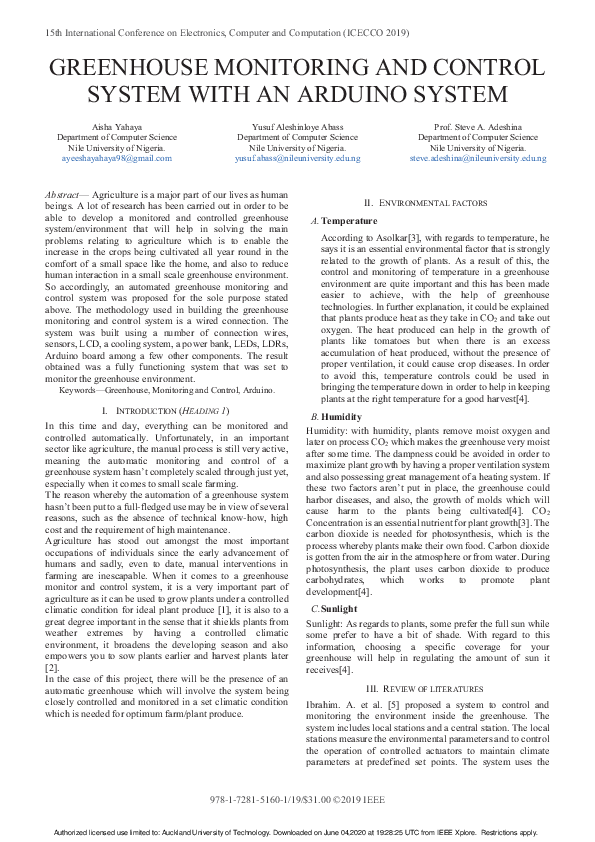 (PDF) Greenhouse Monitoring and Control System with an Arduino System