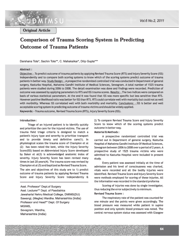 (PDF) Comparison of Trauma Scoring System in Predicting Outcome of ...
