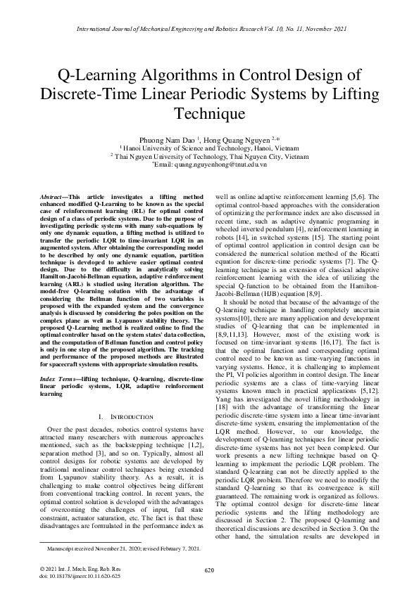 Pdf Q Learning Algorithms In Control Design Of Discrete Time Linear
