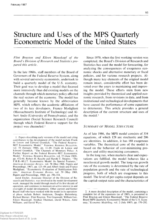 (PDF) Structure and uses of the MPS quarterly econometric model of the ...