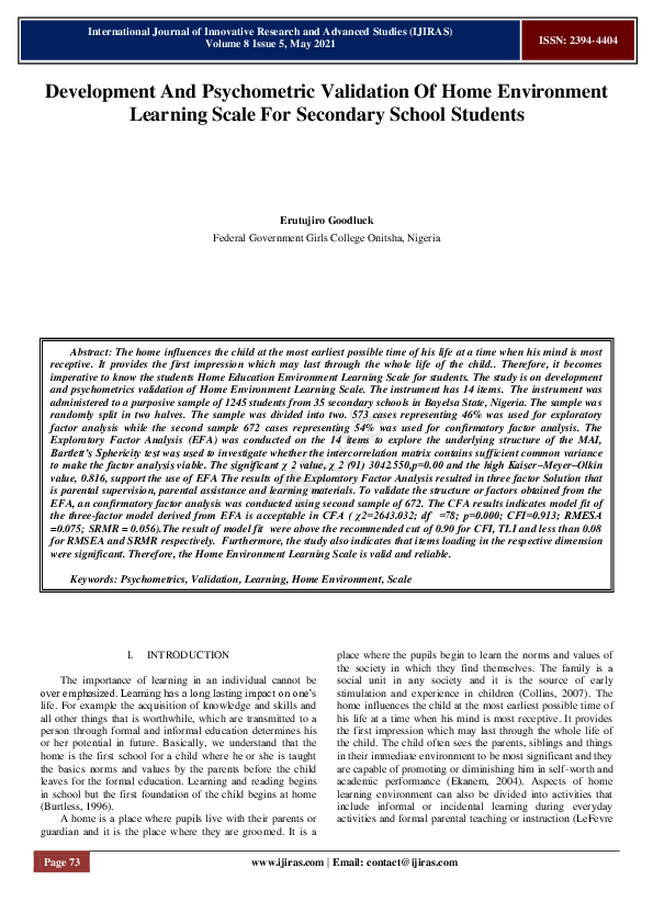 (PDF) Development And Psychometric Validation Of Home Environment ...