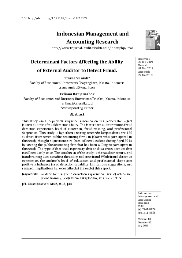(PDF) Determinant Factors Affecting Fraud Detection Capabilities to The External Auditor in Jakarta