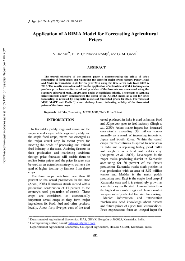 (PDF) Application of ARIMA Model for Forecasting Agricultural Prices