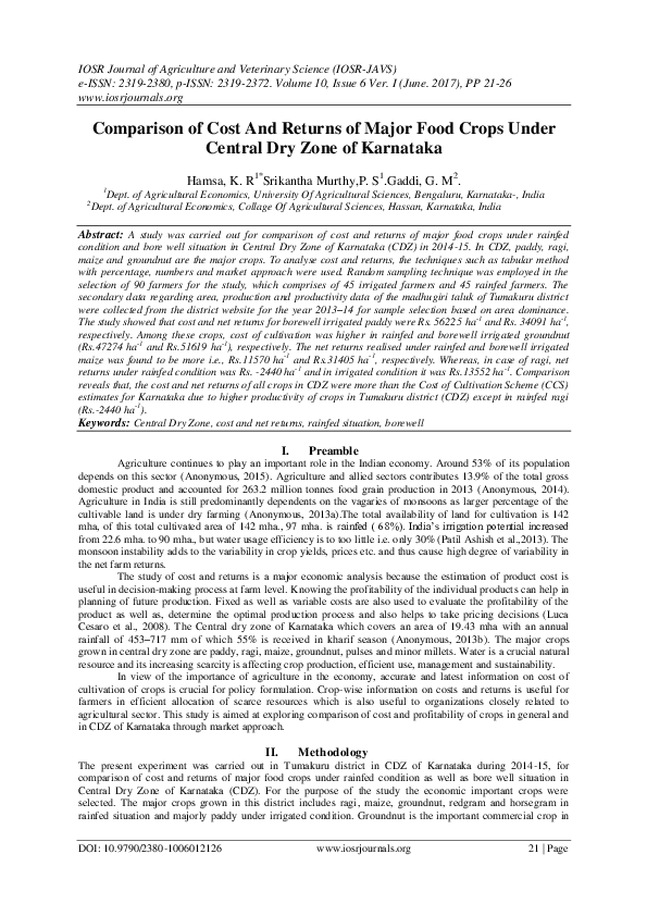 (PDF) Comparison of Cost And Returns of Major Food Crops Under Central ...