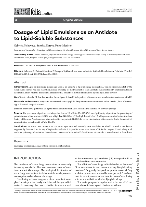 (PDF) Dosage of Lipid Emulsions as an Antidoteto Lipid-Soluble Substances