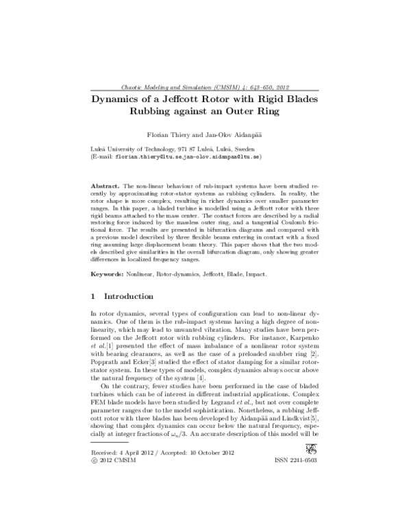 (PDF) Dynamics of a Jeffcott rotor with rigid blades rubbing against an ...