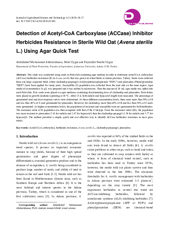 (PDF) Detection of Acetyl-CoA Carboxylase (ACCase) Inhibitor Herbicides ...
