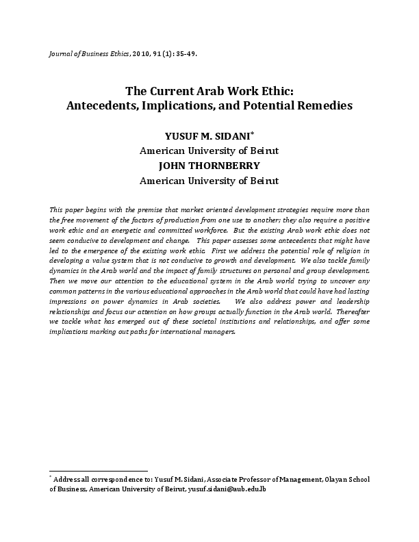 (PDF) The Current Arab Work Ethic: Antecedents, Implications, and ...