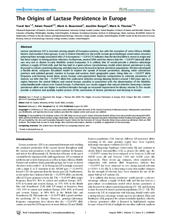 (PDF) The origins of lactase persistence in Europe