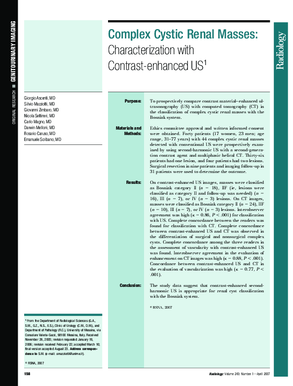 (PDF) Complex Cystic Renal Masses: Characterization with Contrast ...