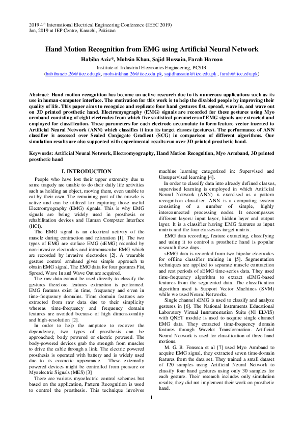 (PDF) Hand Motion Recognition from EMG using Artificial Neural Network