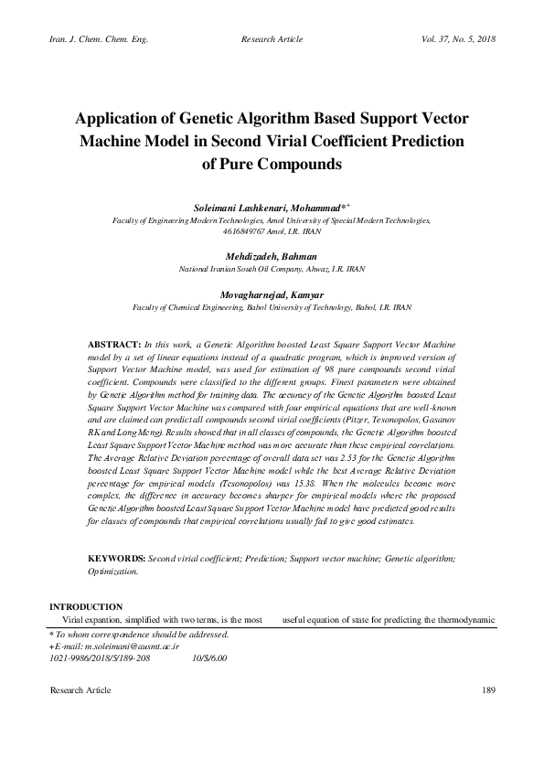 (PDF) Application of Genetic Algorithm Based Support Vector Machine Model in Second Virial ...