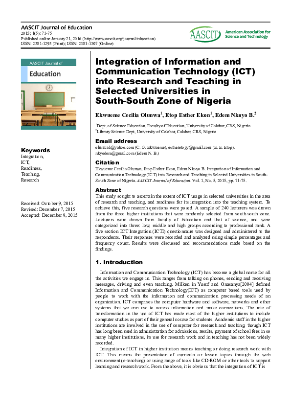 Pdf Integration Of Information And Communication Technology Ict Into Research And Teaching