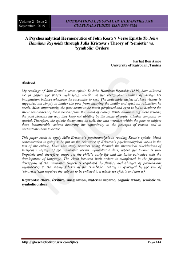 (PDF) A Psychoanalytical Hermeneutics of John Keats’s Verse Epistle To ...