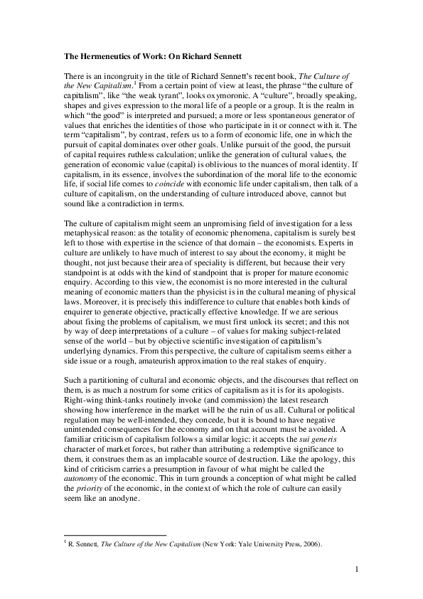 (PDF) The Hermeneutics of Work: On Richard Sennett