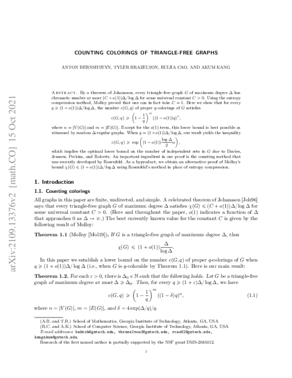 (PDF) Counting colorings of triangle-free graphs