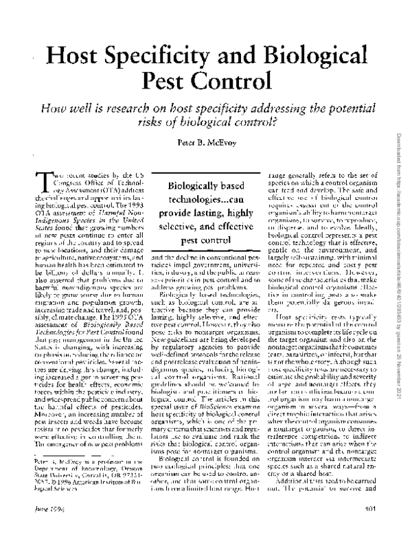(PDF) Host specificity and biological pest control