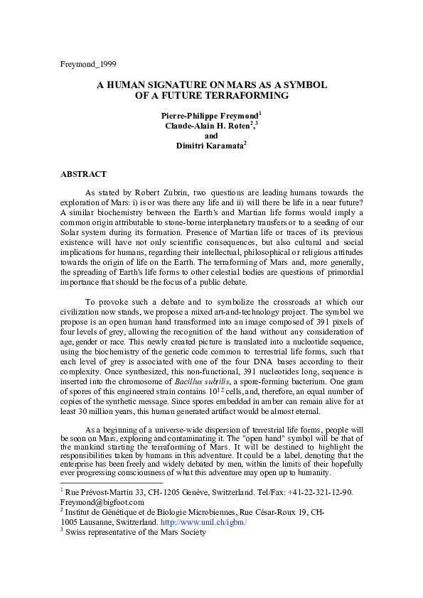 (PDF) A Human Signature on Mars as a Symbol of a Future Terraforming