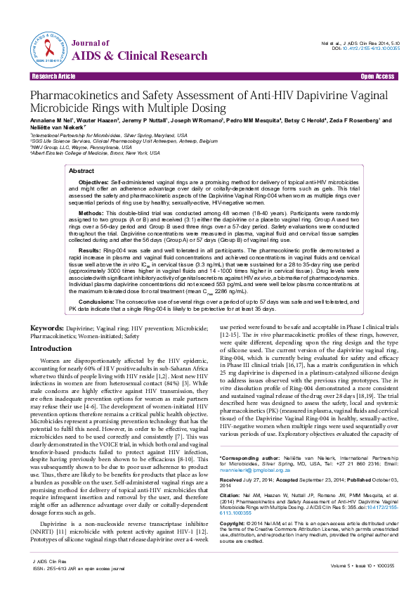 (PDF) Pharmacokinetics and Safety Assessment of Anti-HIV Dapivirine Vaginal Microbicide Rings ...