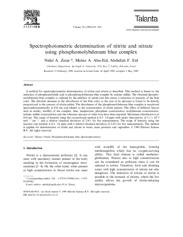 Pdf Nitrite And Nitrate Detection Via Spectrophotometry