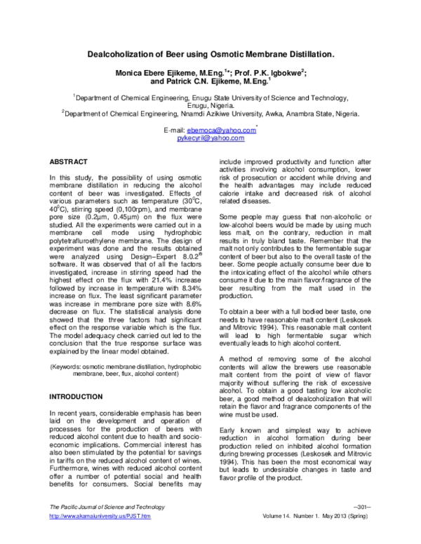 (PDF) Dealcoholization of Beer using Osmotic Membrane Distillation