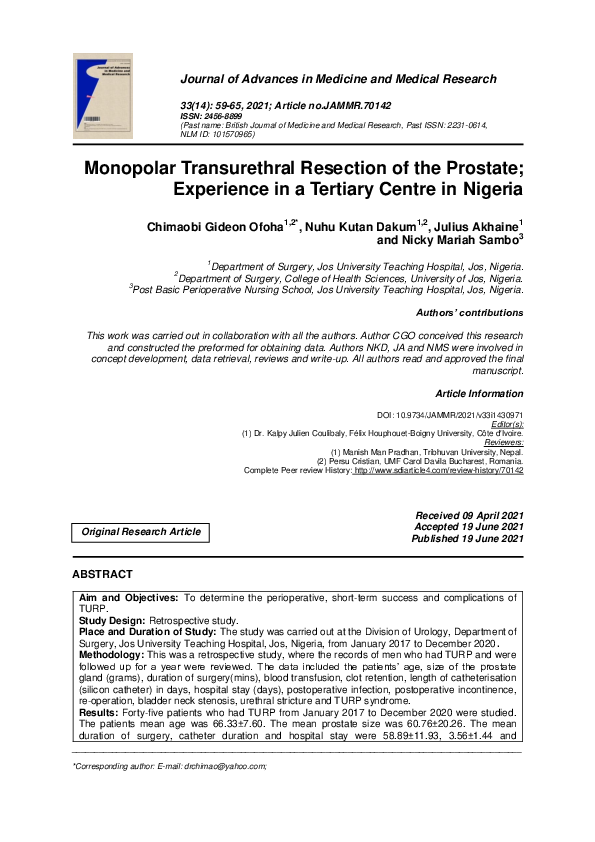 (PDF) Monopolar Transurethral Resection of the Prostate; Experience in ...